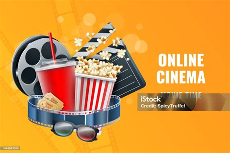 3d 영화관 엔터테인먼트 온라인 극장 포스터 영화 티켓과 클래퍼 보드 영화 안경 영화 촬영 릴 소다 음료와 팝콘 프리미어 시계 배너 벡터 배경 카메라 필름에 대한 스톡 벡터