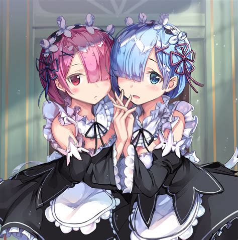 Safebooru 2girls Apron Blue Eyes Blue Hair Blush Detached Collar