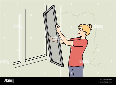 Woman Install Fly Screen On House Window Female Put Plastic Mesh