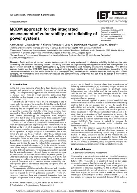 Pdf Mcdm Approach For The Integrated Assessment Of Vulnerability And Reliability Of Power Systems