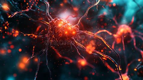 Glowing Red Neuron Cell With Branching Axons And Dendrites Stock