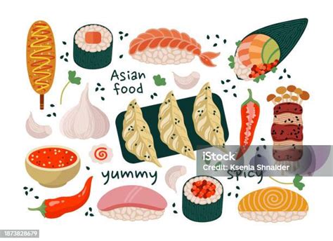 아시아 음식 벡터 아이콘 세트입니다 일본식 한국식 스낵 교자 스시 마키 해산물을 곁들인 니기리 옥수수 개 테마키 매운 재료 마늘