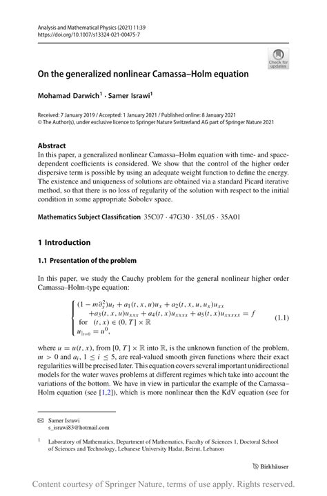 On The Generalized Nonlinear Camassaholm Equation Request Pdf