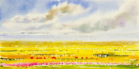 Watercolor Landscape Painting Panorama Colorful Of Semi Natural Beauty