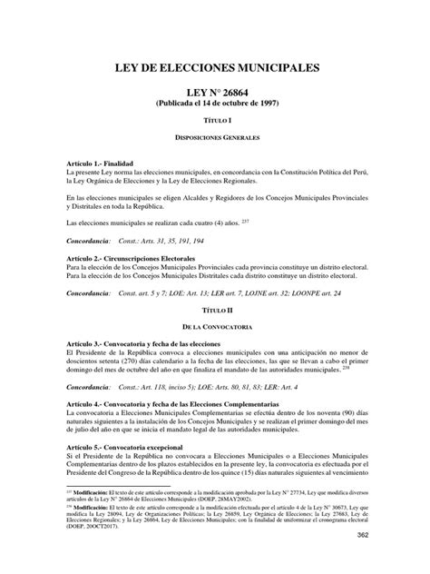 Ley De Elecciones Municipales Ley 26864 Pdf Alcalde Elecciones