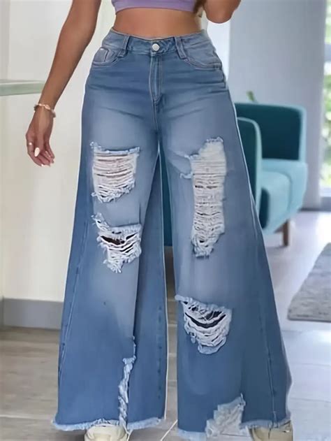 Ripped Holes Washed Baggy Jeans Loose Fit Hem Wide Legs Temu Canada