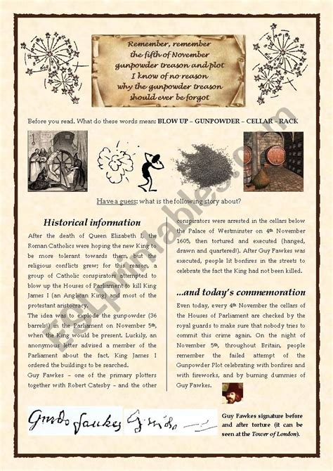 The Gunpowder Plot And Bonfire Night Esl Worksheet By Alex076