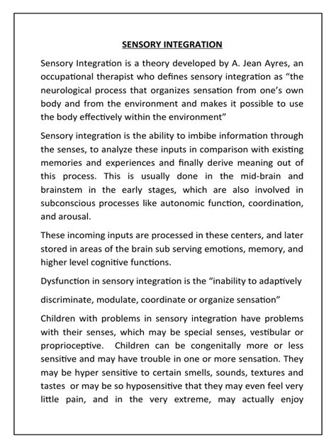 Sensory Integration Pdf Sensory Processing Disorder Perception