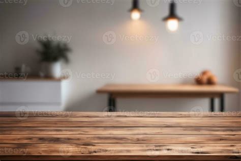AI Generated Empty Wooden Table In A Dimly Lit Room With Bokeh And