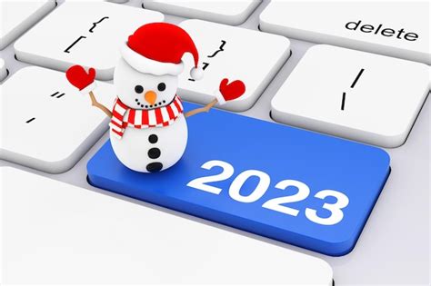 화이트 Pc 키보드 3d 렌더링에 눈사람과 블루 2023 새 해 키 프리미엄 사진