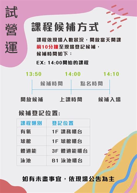 桃園市蘆竹國民運動中心 【試營運體驗課程】候補方式大公開 候補方式😍 課程前十分鐘至各櫃台登記