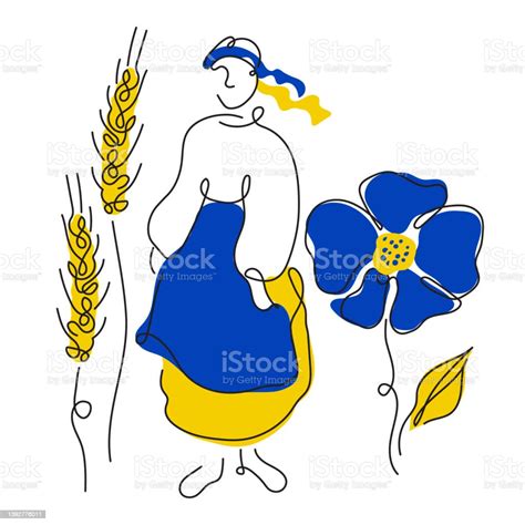 우크라이나어 소녀 애국자 캐릭터 우크라이나와 밀 국적 깃발 색상의 옥수수 흐름 벡터 일러스트 레이 션 글로벌 정치 No War