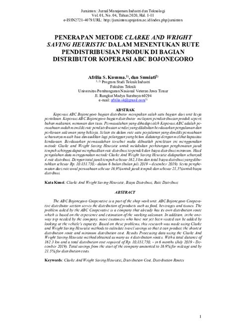 Pdf Penerapan Metode Clarke And Wright Saving Heuristic Dalam