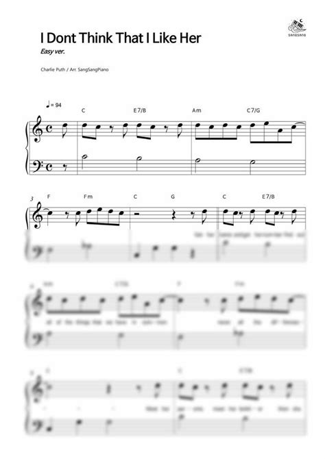 악보 Charlie Puth I Dont Think That I Like Her 쉬운 악보 By 상상피아노
