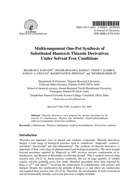 Pdf Multicomponent One Pot Synthesis Of Substituted Hantzsch Thiazole Derivatives Under