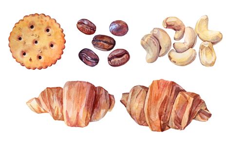 세트 수채화 스낵 및 베이커리 제품 견과류 캐슈 크래커 화이트 백그라운드에서 고립된 커피와 함께 아침 식사를 위한 디저트 달콤한 크루아상 케이크 메뉴 요리책을 위한 손으로