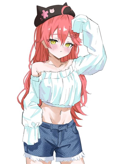 Safebooru 1girl Ahoge Bangs Bare Shoulders Black Headwear Blue Shorts