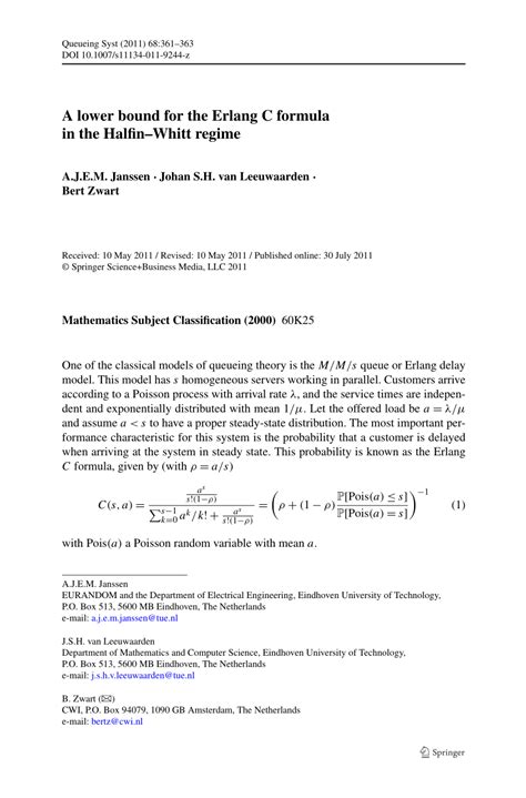 Pdf A Lower Bound For The Erlang C Formula In The Halfin Whitt Regime