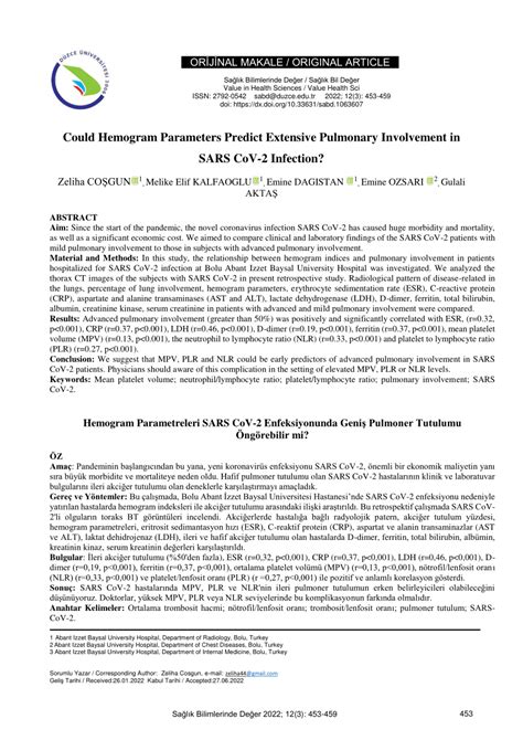 Pdf Could Hemogram Parameters Predict Extensive Pulmonary Involvement In Sars Cov 2 Infection