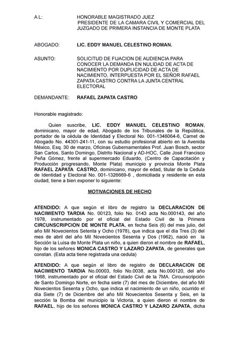 Demanda En Nulidad De Acta De Nacimiento Por Duplicidad A L