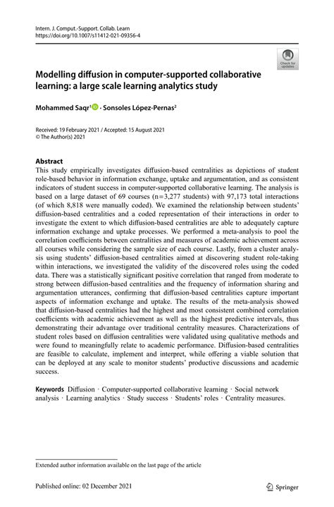 pdf modelling diffusion in computer supported collaborative learning a large scale learning