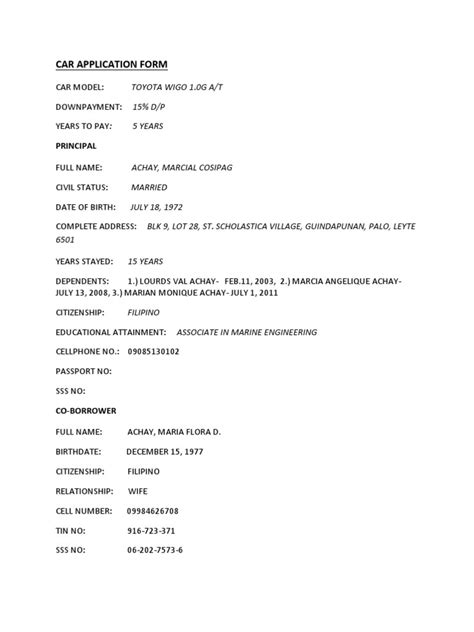 Car Application Form Pdf