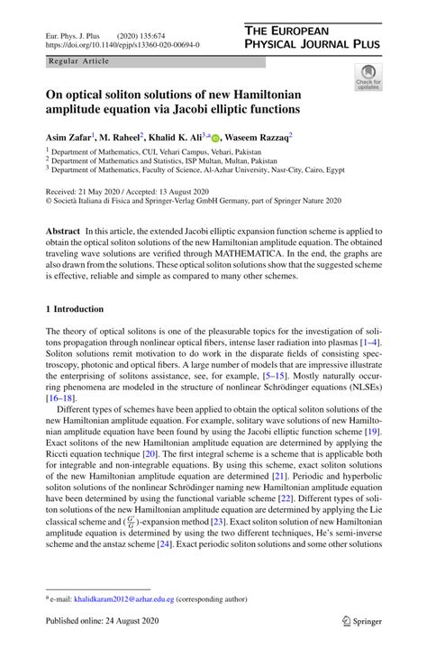 Pdf On Optical Soliton Solutions Of New Hamiltonian Amplitude Equation Via Jacobi Elliptic