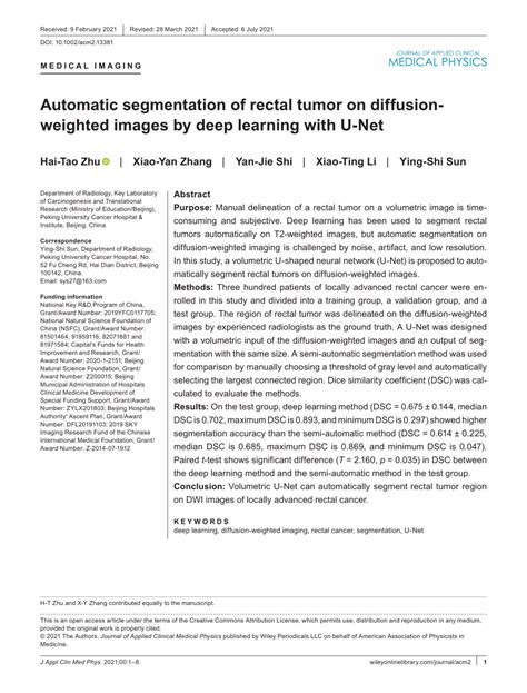 Pdf Automatic Segmentation Of Rectal Tumor On Diffusion‐weighted Images By Deep Learning With