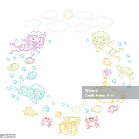 수 중 워터 파크 아이 바다와 바다 모험입니다 여름입니다 아이 그림입니다 낙서 이미지입니다 아이 들과 함께 만화 생물입니다 남자와 여자 수영 거북이에 대한 스톡 벡터 아트