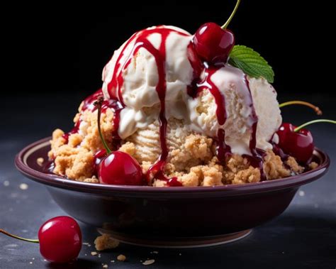 Un tazón de helado con cerezas y una cereza encima Vector Premium