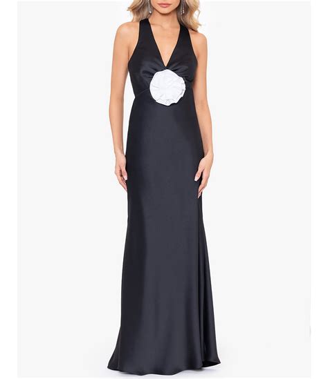 Xscape Satin Halter Neck Rosette Sleeveless Open Back Mermaid Gown
