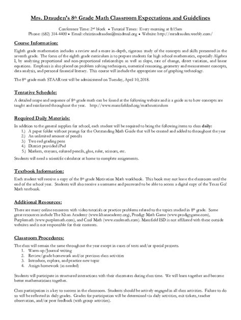 Fillable Online Mrs Draudens 8th Grade Math Classroom Expectations And Fax Email Print