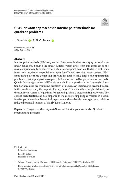 Pdf Quasi Newton Approaches To Interior Point Methods For Quadratic