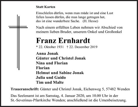 Traueranzeigen Von Franz Ernhardt 57trauerde