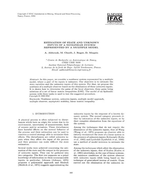 estimation of state and unknown inputs of a nonlinear sy 2004 ifac