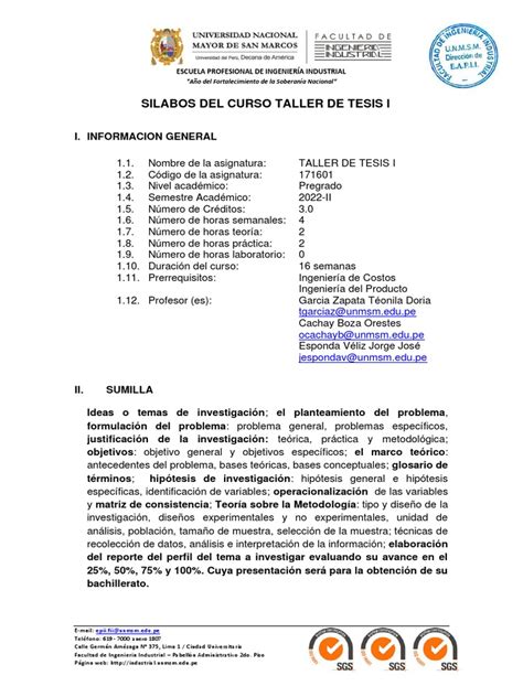 Silabo Taller De Tesis I Plan 2018 2022 Ii Pdf Teoría Ingeniería