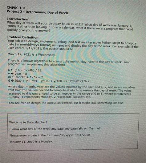 Solved Cmpsc Project Determining Day Of Week Chegg
