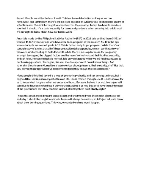 Argumentative Essay About Sex Education Sex Ed People Are Either
