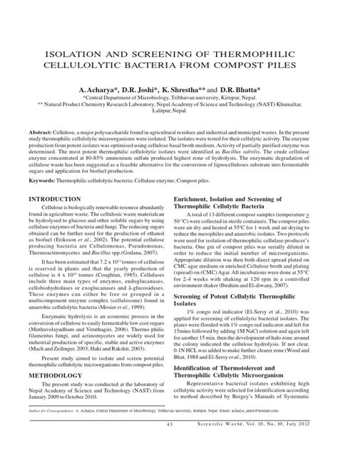 Isolation And Screening Of Thermophilic Pdf Cellulose Bacillus