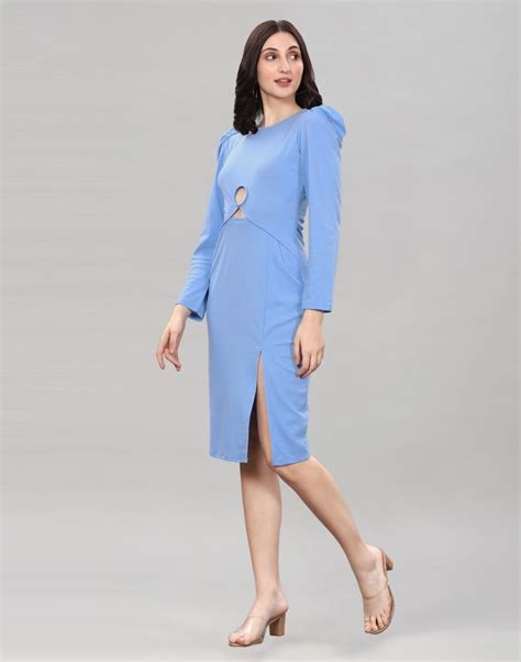 Light Blue Puff Sleeve Bodycon Dress Leemboodi