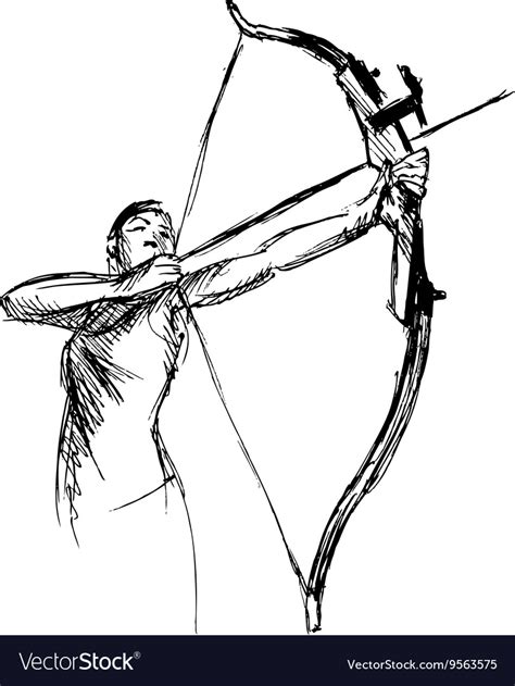Hand Sketch Woman Shooting A Bow And Arrow Vector Image