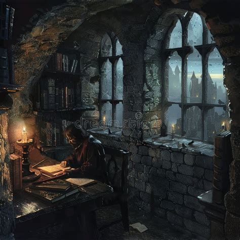 An Editor In A Medieval Castle Tower Illuminated By Candlelight Generated By Ai Stock