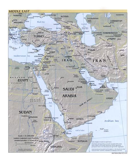 Detailed Political Map Of The Middle East With Relief And Capitals