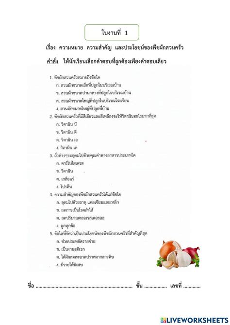 ใบงานที่ 1 ความหมาย ความสำคัญ และประโยชน์ของพืชผักสวนครัว Online