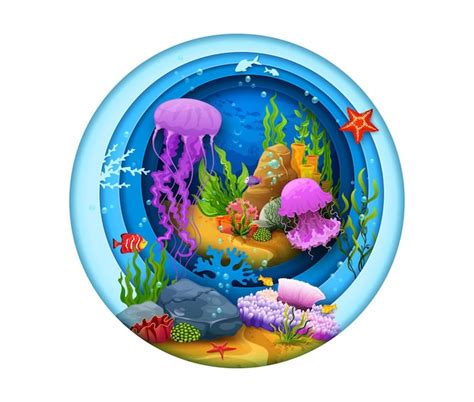 海の紙に漫画のサンゴ海藻やクラゲは、熱帯魚の浅瀬ヒトデ藻類と泡と 3 D の丸いペーパーカット フレームで水中風景をカット オーシャン ブルー