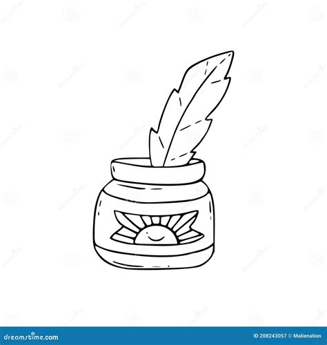 Inkwell With Quill Feather Pen Outline Inkstand Stock Vector