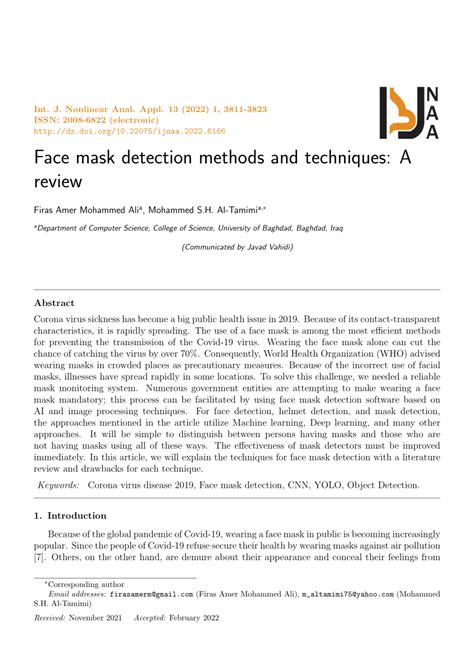 Pdf Face Mask Detection Methods And Techniques A Review