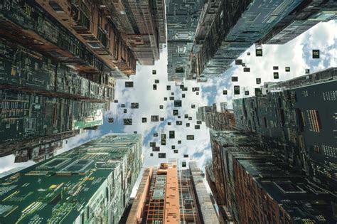 Unique View Of Digital Architecture With Floating Data Blocks In Urban