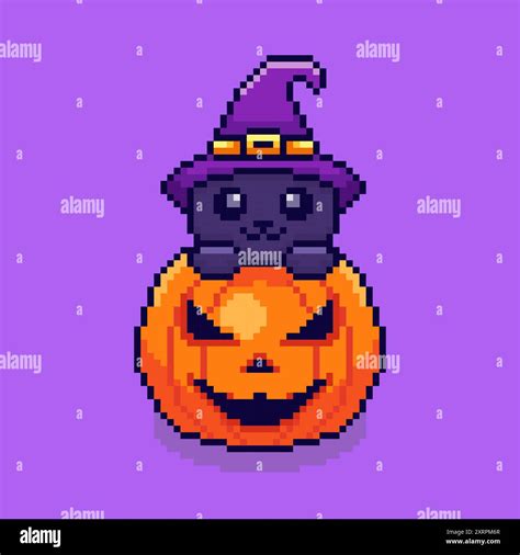 Vector Illustration Of Cat With Pumpkin Halloween Theme With Pixel Art