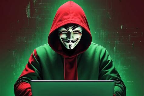 Premium Photo Masked Anonymous Hacker In Red Shirt On Green Background